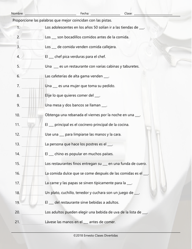 Restaurant Things and Activities Matching Spanish Worksheet | Teaching ...