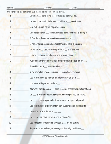 School Items, Places, and Subjects Matching Spanish Worksheet ...