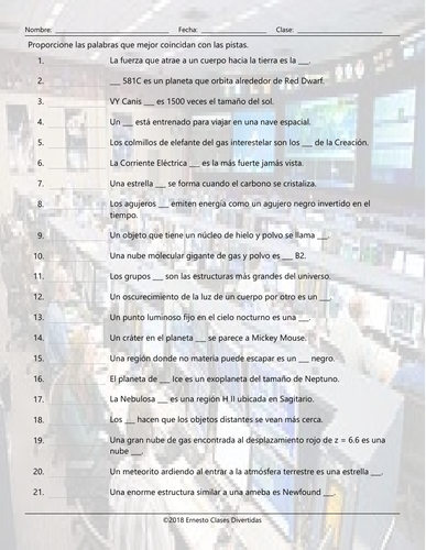 Space and Astronomy Matching Spanish Worksheet | Teaching Resources