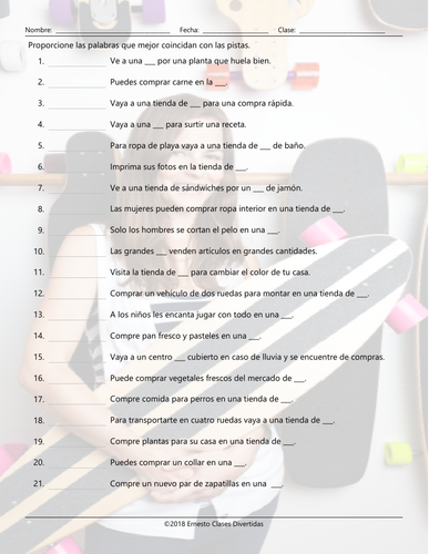 Stores and Shops Matching Spanish Worksheet | Teaching Resources