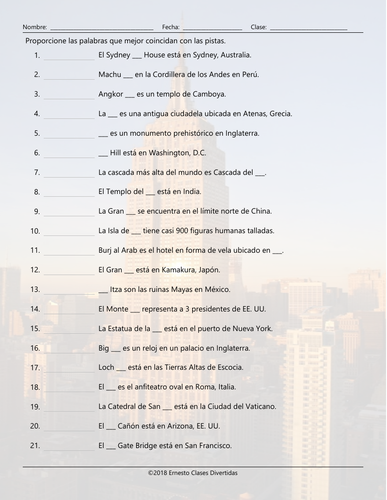 Tourist Attractions Around The World Matching Spanish Worksheet ...