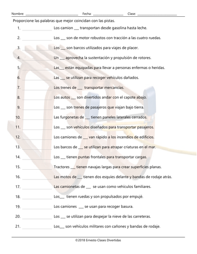 Transportation and Vehicles Matching Spanish Worksheet | Teaching Resources