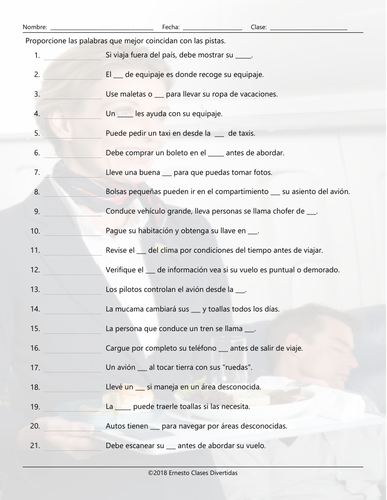 Travel Items and Modes Matching Spanish Worksheet | Teaching Resources