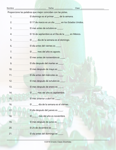Weekdays, Months, and Dates Matching Spanish Worksheet | Teaching Resources
