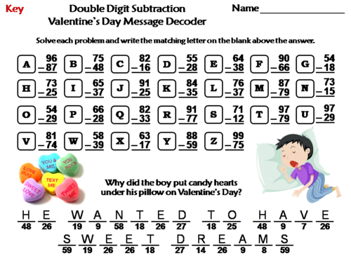 Double Digit Subtraction Valentine's Day Math Activity: Message Decoder ...