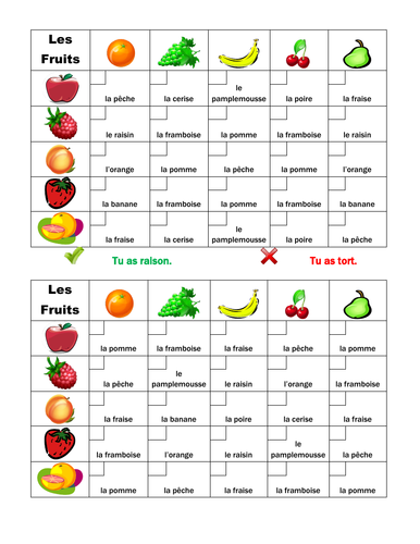Fruits et Légumes (Fruits and Vegetables in French) Grid Vocabulary ...