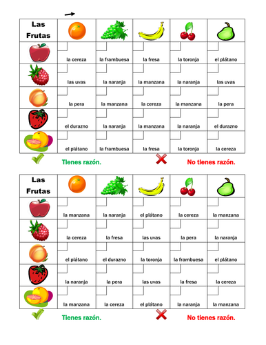 Frutas y Verduras (Fruits and Vegetables in Spanish) Grid Vocabulary ...