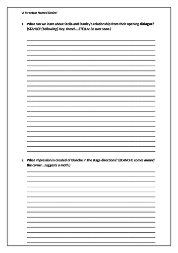 'A Streetcar Named Desire' Scene 1 questions and Stanley analysis ...