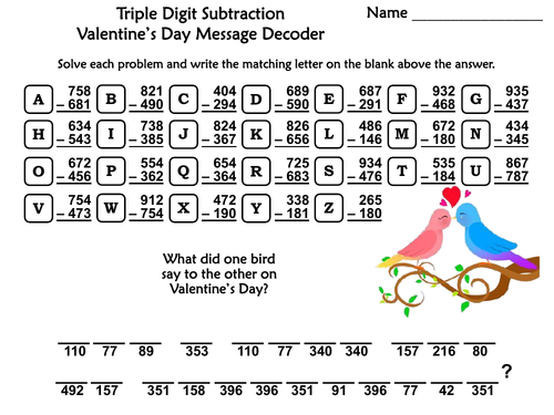 Triple Digit Subtraction Valentine's Day Math Activity: Message Decoder ...