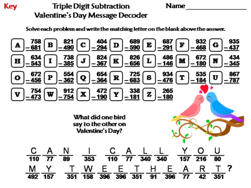 Triple Digit Subtraction Valentine's Day Math Activity: Message Decoder ...