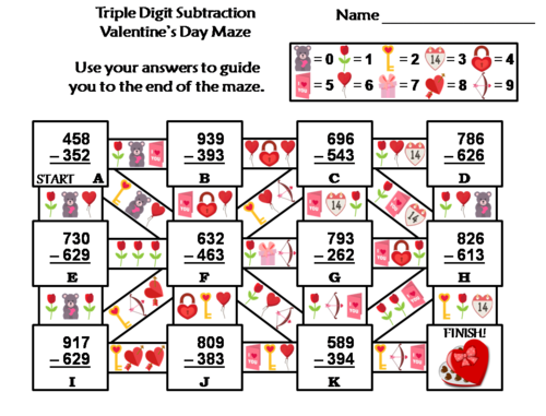 Triple Digit Subtraction Valentine's Day Math Maze | Teaching Resources