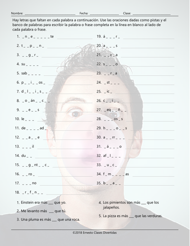Comparative Adjectives Missing Letters Spanish Worksheet | Teaching ...