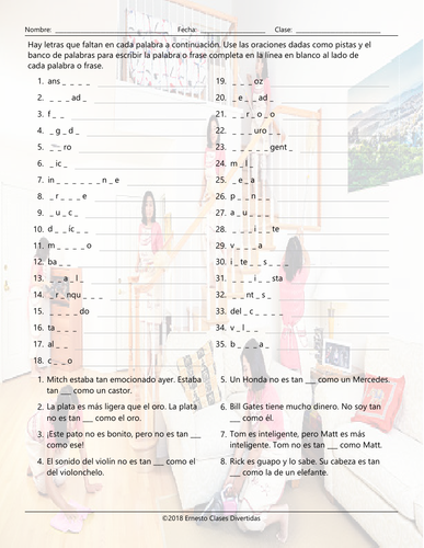 Comparisons with As ...+... As Missing Letters Spanish Worksheet ...