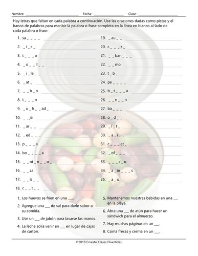 Container Words Missing Letters Spanish Worksheet | Teaching Resources