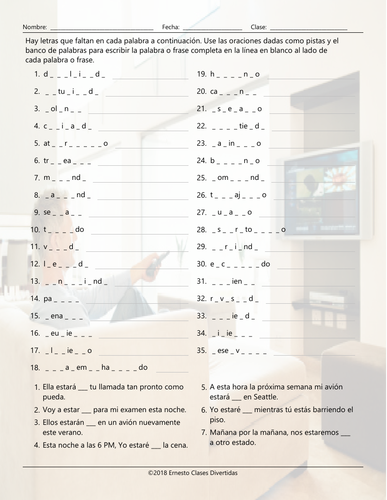 Future Continuous Tense Missing Letters Spanish Worksheet | Teaching ...