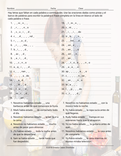 Past Perfect Continuous Missing Letters Spanish Worksheet | Teaching ...