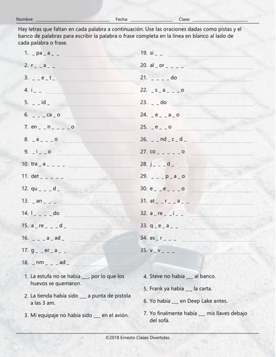 Past Perfect Tense Missing Letters Spanish Worksheet | Teaching Resources