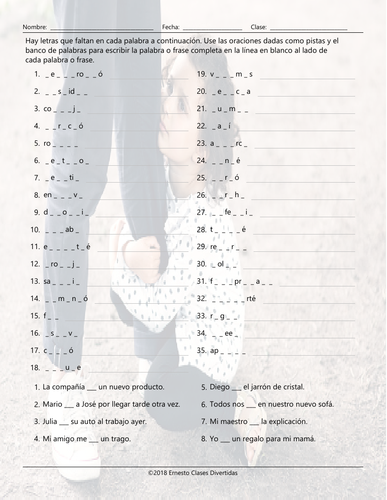 Past Simple Tense with Irregular Verbs Missing Letters Spanish ...