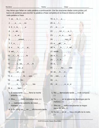 Past Simple with Verbs Estar and Ser Missing Letters Spanish Worksheet ...