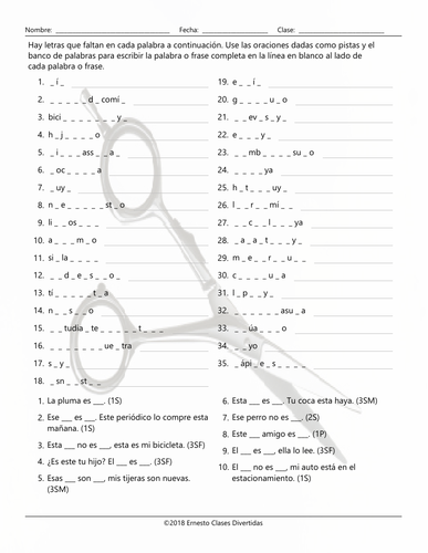 Possessive Pronouns Missing Letters Spanish Worksheet | Teaching Resources