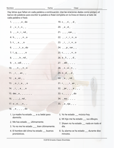 Present Perfect Continuous Tense Missing Letters Spanish Worksheet ...