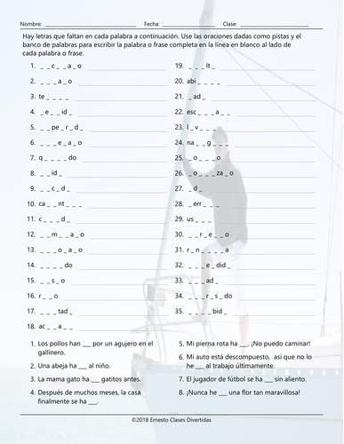 Present Perfect Tense Missing Letters Spanish Worksheet | Teaching ...