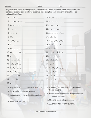 Reflexive and Reciprocal Pronouns Missing Letters Spanish Worksheet ...
