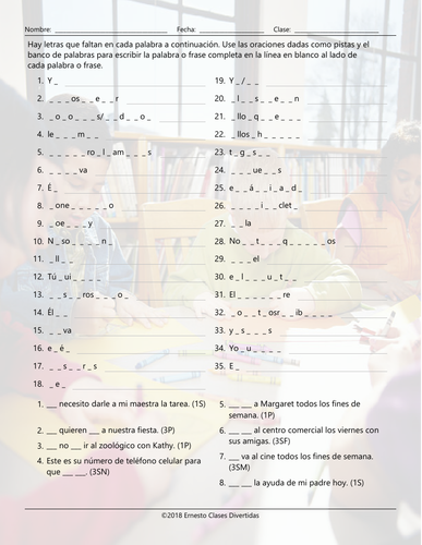 Subject Pronouns Missing Letters Spanish Worksheet | Teaching Resources