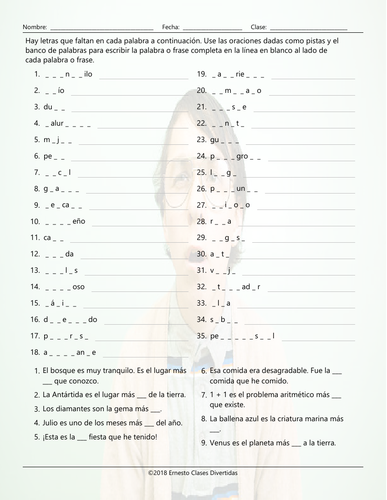 Superlative Adjectives Missing Letters Spanish Worksheet | Teaching ...