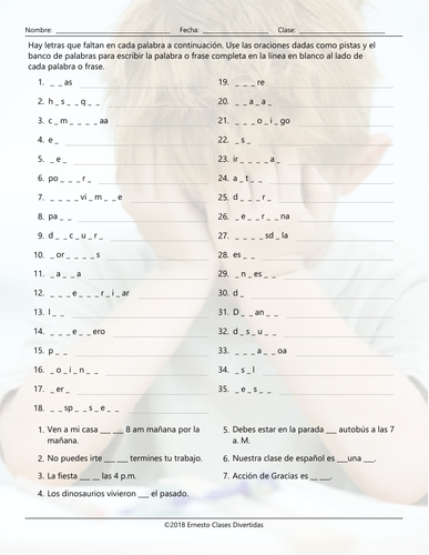Time Prepositions Missing Letters Spanish Worksheet | Teaching Resources