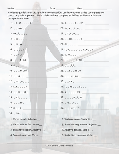 Word Forms Missing Letters Spanish Worksheet | Teaching Resources