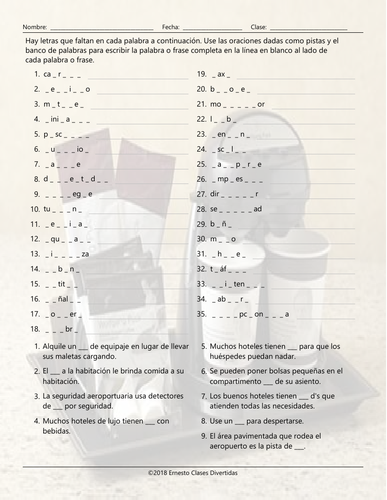 Airports and Hotels Missing Letters Spanish Worksheet | Teaching Resources