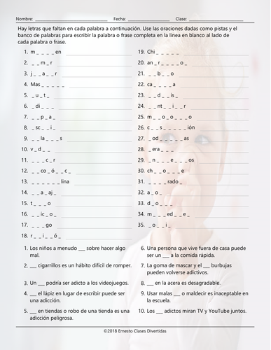 Bad Habits and Addictions Missing Letters Spanish Worksheet | Teaching ...