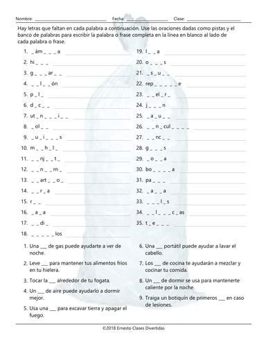 Camping Things and Activities Missing Letters Spanish Worksheet ...