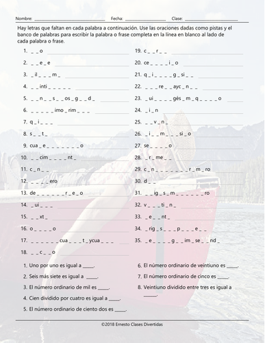 Cardinal and Ordinal Numbers Missing Letters Spanish Worksheet ...