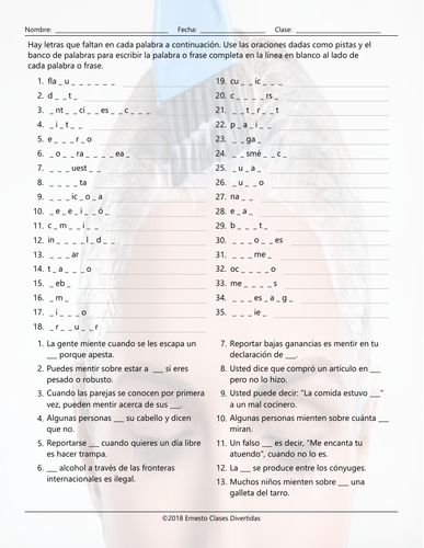 Cheaters and Dishonesty Missing Letters Spanish Worksheet | Teaching ...