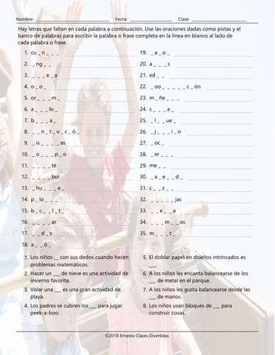 Childhood Activities Missing Letters Spanish Worksheet | Teaching Resources