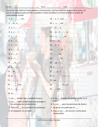 City versus Country Missing Letters Spanish Worksheet | Teaching Resources
