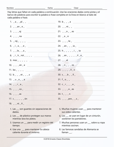 Clothing Accessories, Footwear, and Jewelry Missing Letters Spanish ...