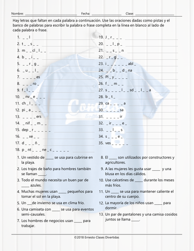 Clothing Items Missing Letters Spanish Worksheet | Teaching Resources