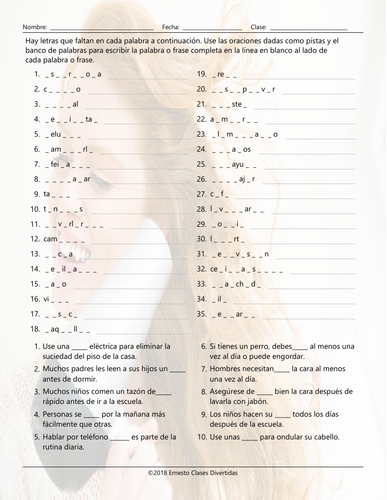 Daily Activities Missing Letters Spanish Worksheet | Teaching Resources