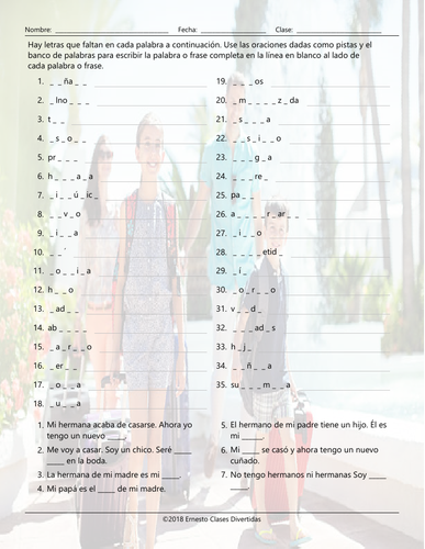 Family Members Missing Letters Spanish Worksheet | Teaching Resources