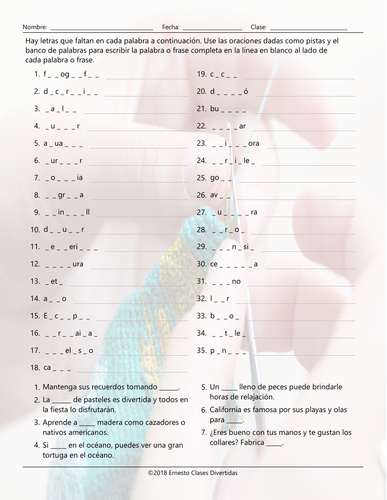 Free Time and Hobbies Missing Letters Spanish Worksheet | Teaching ...
