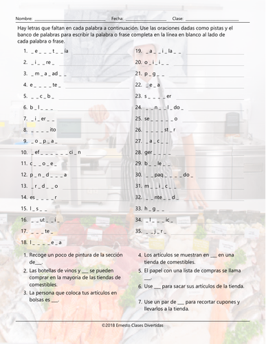 Grocery Shopping Missing Letters Spanish Worksheet | Teaching Resources
