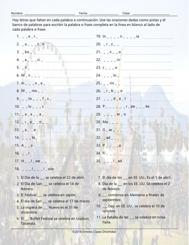 Holidays and Festivals Around the World Missing Letters Spanish ...