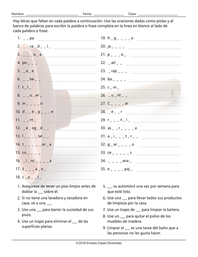 Household Chores and Cleaning Supplies Missing Letters Spanish ...