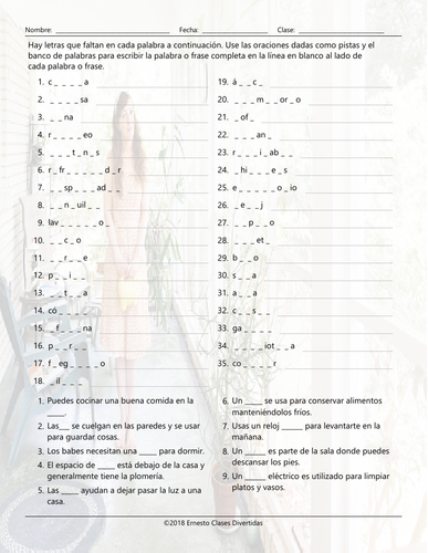 Houses, Rooms, Furniture, and Appliances Missing Letters Spanish ...