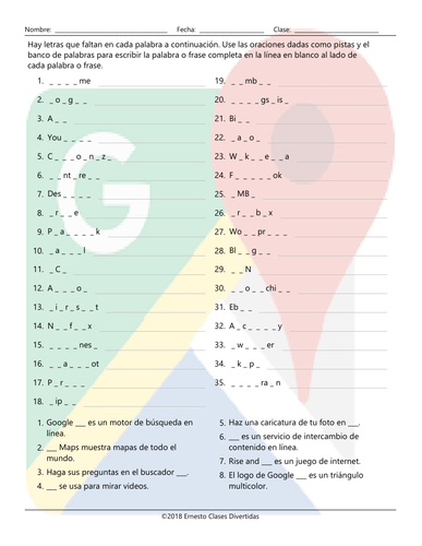 Internet Sites Missing Letters Spanish Worksheet | Teaching Resources