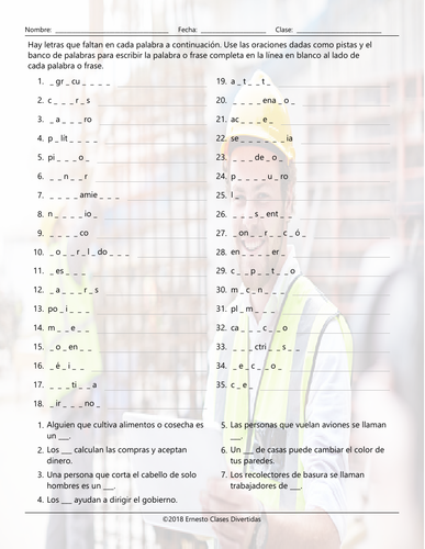 Jobs and Professions Missing Letters Spanish Worksheet | Teaching Resources