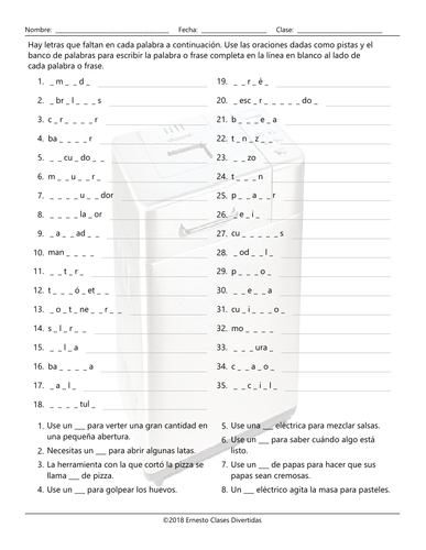Kitchen Cookware and Utensils Missing Letters Spanish Worksheet ...